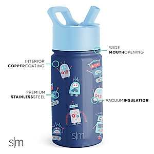 Simple Modern Kids Water Bottle with Straw Lid | Insulated Stainless Steel Reusable Tumbler for Toddlers, Girls, Boys | Summit Collection | 14oz, Robo We Go