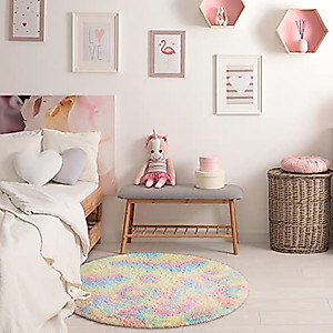 GKLUCKIN Soft Round Rugs, Fluffy 4ft Circle Rugs Cute Shaggy Rainbow Circular Rugs for Kids Room Decor Comfy Furry Area Rugs Plush Fuzzy Nursery Rugs