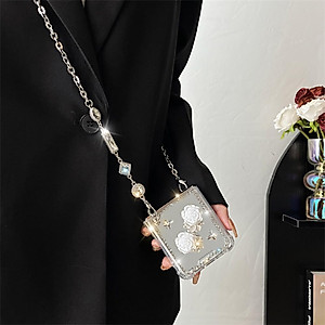 Omio Designed for Samsung Galaxy Z Flip 5 Mirror Case with Crossbody Lanyard Luxury 3D Sparkle Crystal Diamond Bling Glitter Flower Cute Slim Makeup Phone Case for Galaxy Z Flip 5 Women Girls, Silver