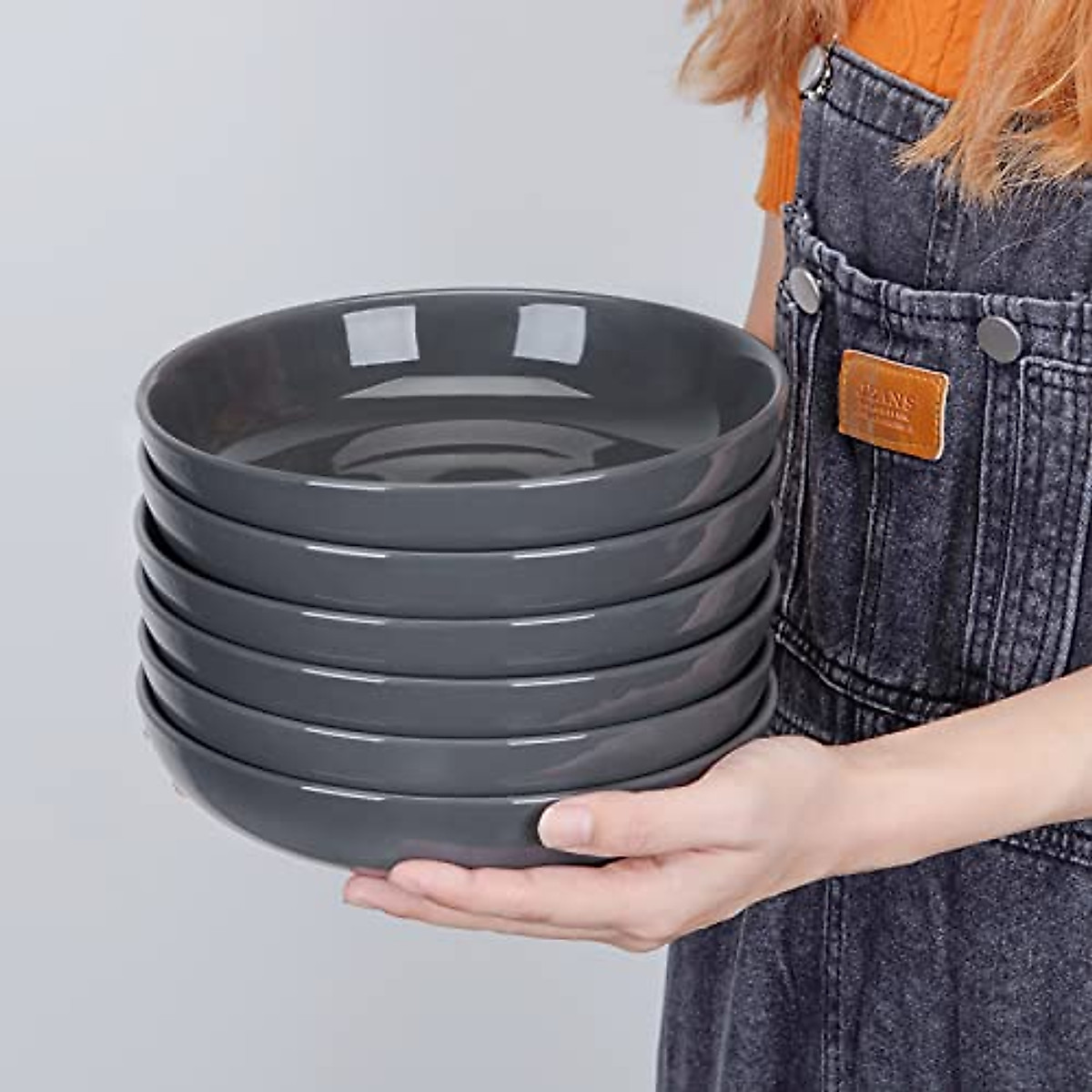 GlowSol Elegant Grey 8" Large Salad Serving Bowls, Ceramic Plates, Soup Bowls, Porcelain Pasta Bowls Set of 6, Microwave Dishwasher Safe, Wide and Flat Bowls