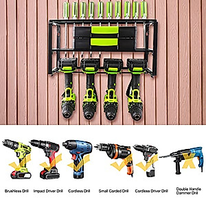 Power Tool Organizer, Drill Holder Storage Rack with Wall Mounted 4 Drill Slots 3 Layers Garage Tool Organizer Storage Wrench and Srewdriver Rack for Home and Workshop