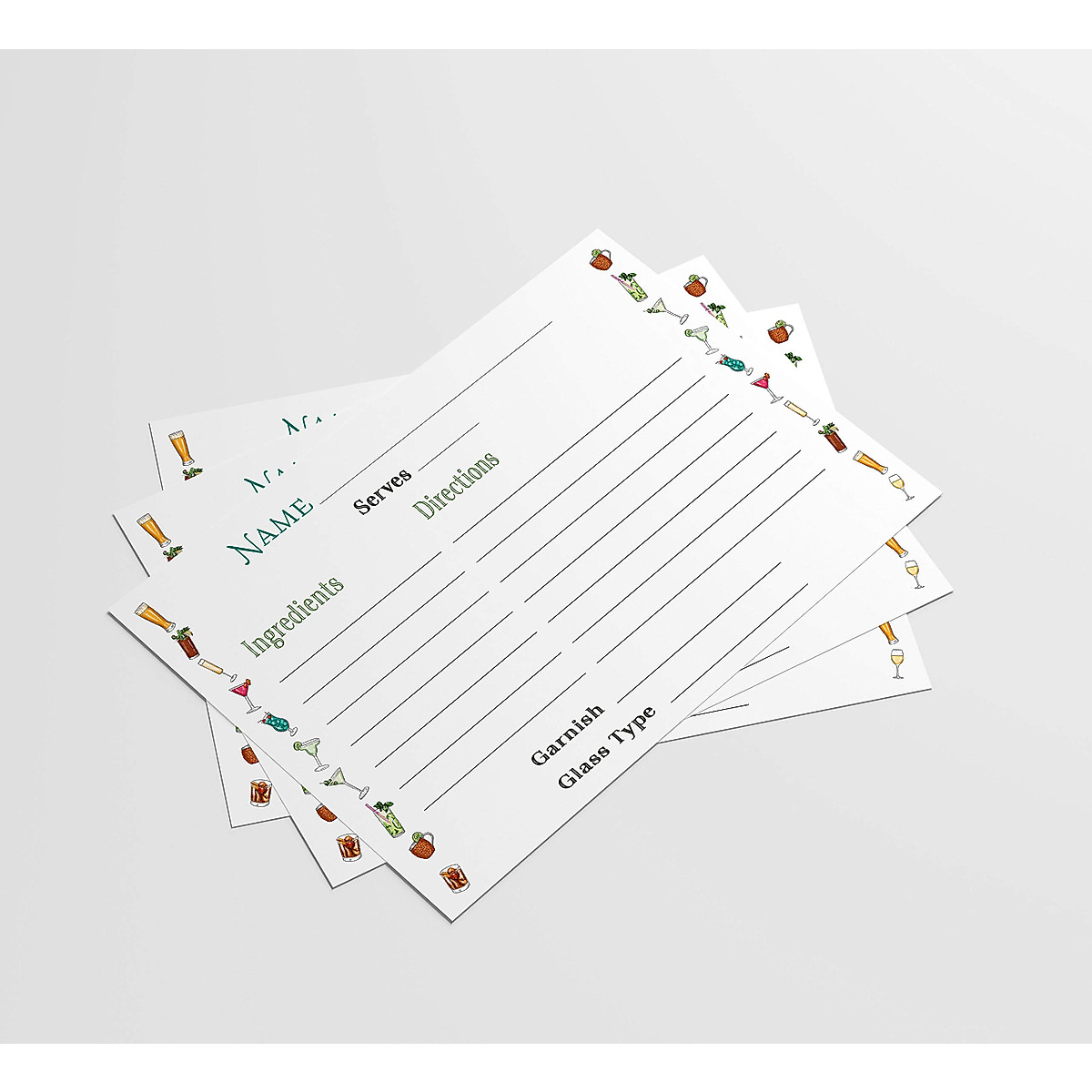 Cocktail Recipe Cards, 4x6 Inches, 50 Fill-in-the-Blank Cards for Recipe Box (Watercolor Border)