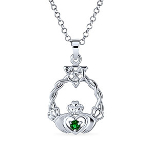 Bling Jewelry Traditional Irish Kelly Green Cubic Zirconia CZ Celtic Infinity Love Knot Friendship Heart Claddagh Pendant Necklace For Women Teen .925 Sterling Silver