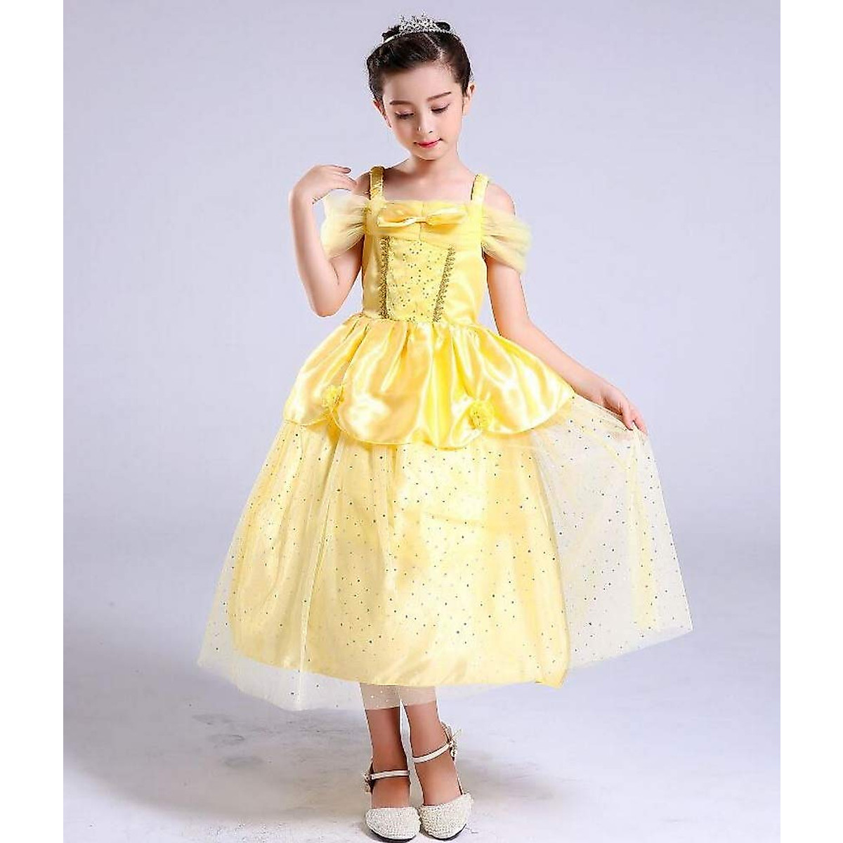 Little Girls Yellow Roses Princess Costume Dress Off Shoulder Layered Dress up (4-5 Years)