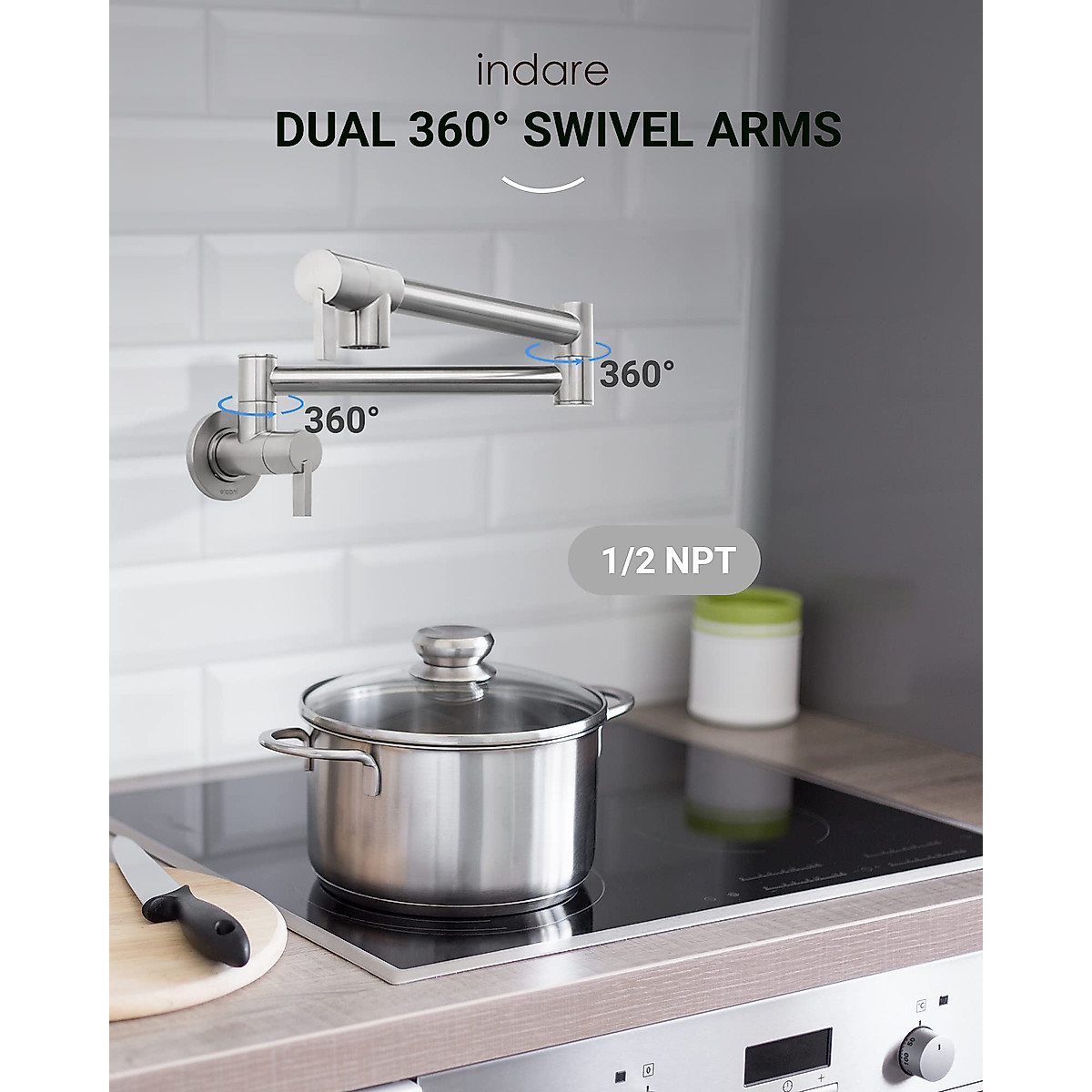 Indare Pot Filler, Pot Filler Faucet Wall Mount, Brass Pot Filler Folding faucets, Kitchen Pot Filler Faucet with Double Joint Swing Arms