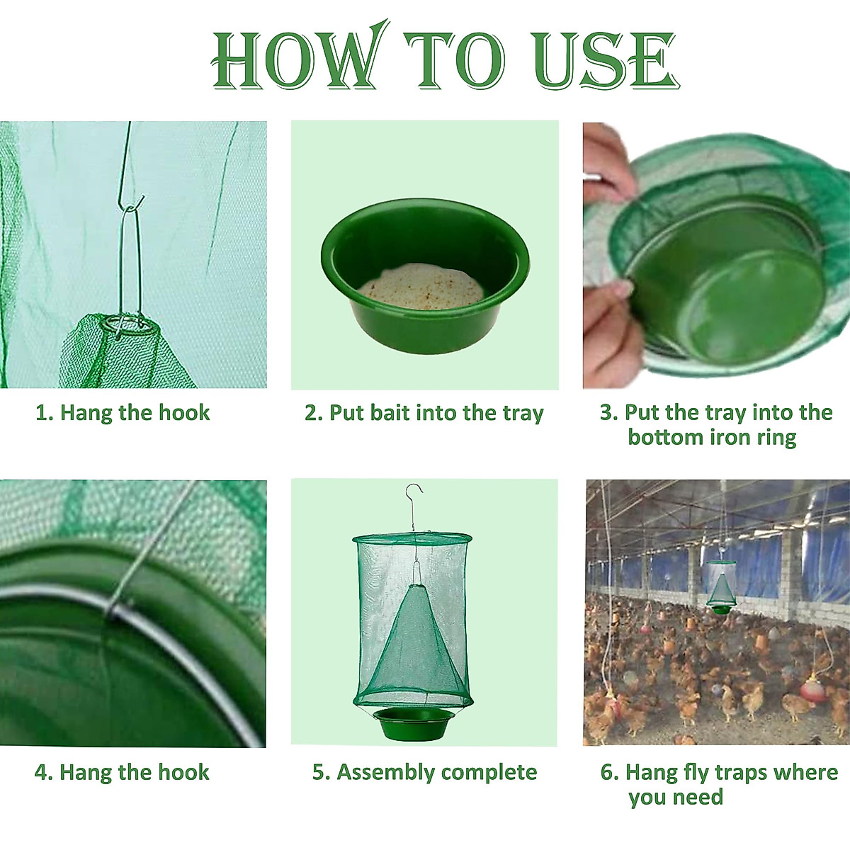 Ranch Fly Trap (4 Pack) with Adjustable Hanging Wire (2pcs) and Bait Tray | Indoor or Outdoor Fly Traps Hanging Cages for Farms, Park or Restaurants