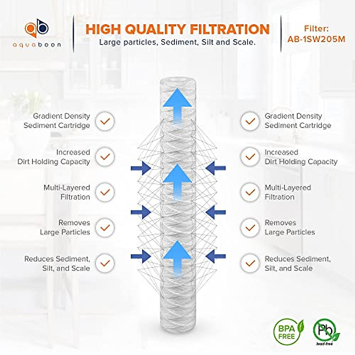Aquaboon 5 Micron 20" x 2.5" String Wound Sediment Water Filter Cartridge | Universal Replacement for Any 20 inch RO Unit | Compatible with 101-230, PD-5-20, AP110-2C, P5-20, CFS124-C20, 6-Pack