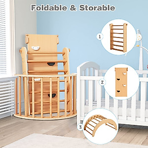 Beright 4 in 1 Pikler Triangle Gym, Montessori Foldable Climber with Ramp, Indoor Climbing Toys for Kids, Climbing Triangle for Toddlers Arch Climber, Rocker, Learning Waldorf Toy Structure, Natural