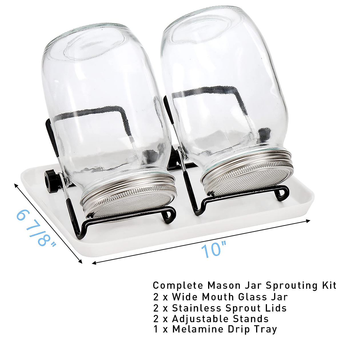 Tebery Complete Mason Jar Sprouting Kit - 2 Wide Mouth Quart Sprouting Jars with 316 Stainless Steel Screen Sprouting Lids, Melamine Tray and Stand | Seed Sprouter Set for Broccoli, Alfalfa, Mung Bean