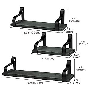 Flexzion Rustic Floating Book Shelves for Wall - Wall Mounted Set of 3 Floating Shelves for Bedroom, Bathroom, Kitchen, Living Room, and Plants - Floating Shelf, Dark Gray