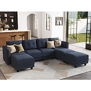 LLappuil Modular Sectional Sofa with Storage U Shaped Couch with Reversible Chaise Luxury Velvet Sofas for Living Room 4 Seats with 3 Ottomans Denim Blue