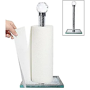 Crystal Paper Towel Holder Stand, Bling Glass Handmade Kitchen Countertop Paper Towel Roll Dispenser Holders, Diamond Effect Standing Bathroom Decor Paper Towel Holder with Cube Base