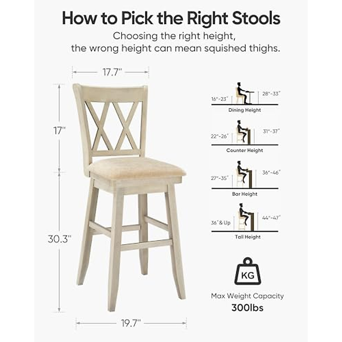 Bar Stools Set of 3, 30.3" Seat H for 39.3"~41.3" Counter Height, 360° Swivel Modern Bar Stool with Curved Wooden Back, Luxury Cloth Fabric Upholstered Counter Stools for Kitchen Island Counter