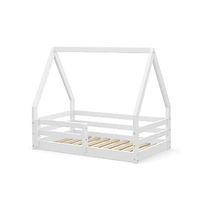 Eden Home Modern Solid Wood Toddler Floor Bed Frame with House Roof Canopy Rails in White