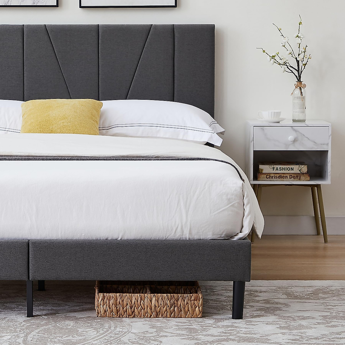 Flolinda Full Size Bed Frame Upholstered Platform with Complete Headboard and Strong Wooden Slats, No Box Spring Needed, Easy Assembly, Dark Grey
