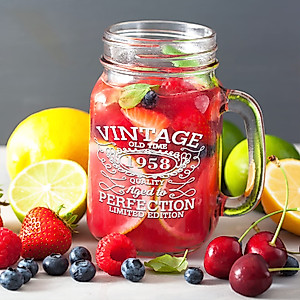 Cuptify 65th Birthday Gift for Women and Men Vintage 65 Years Old Time 1958 Etched Mason Jar Glass 16 oz Drinking Glasses with Handle