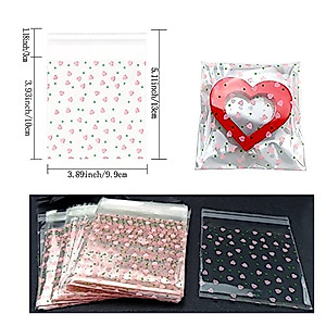 FAZHBARY 100 PCS Valentine Cellophane Bags Pink Heart Clear Cellophane Bags Small Gift Bags Self Sealing Cellophane Goodie Bags for Bakery Supplies