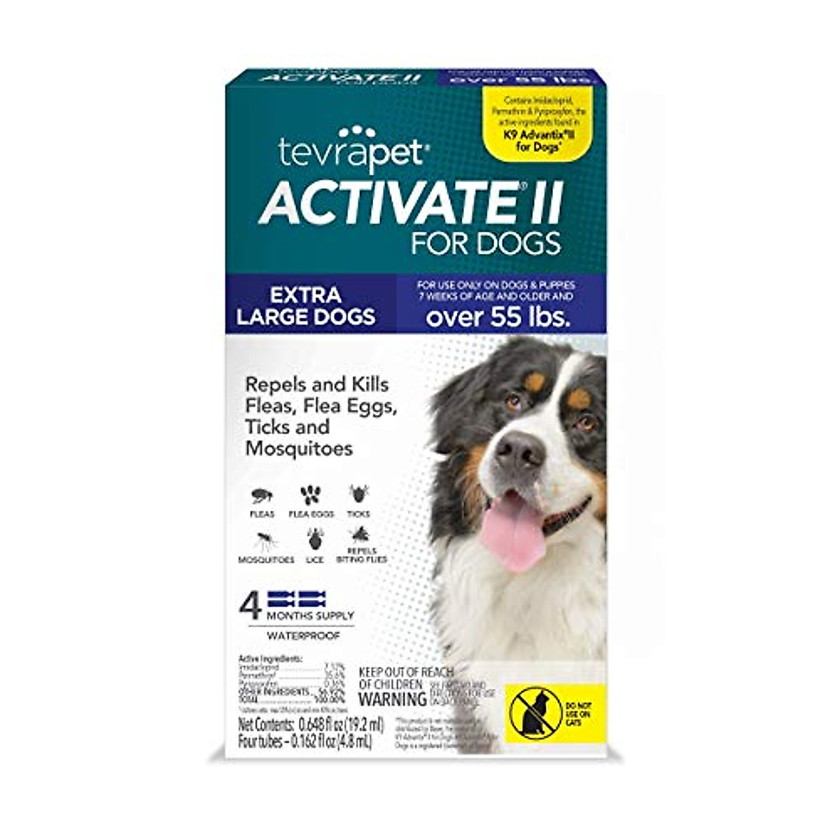 TevraPet Activate II Flea and Tick Prevention for Dogs | 4 Months Supply | Extra Large Dogs 55+ lbs | Fast Acting Treatment and Control | Topical Drops