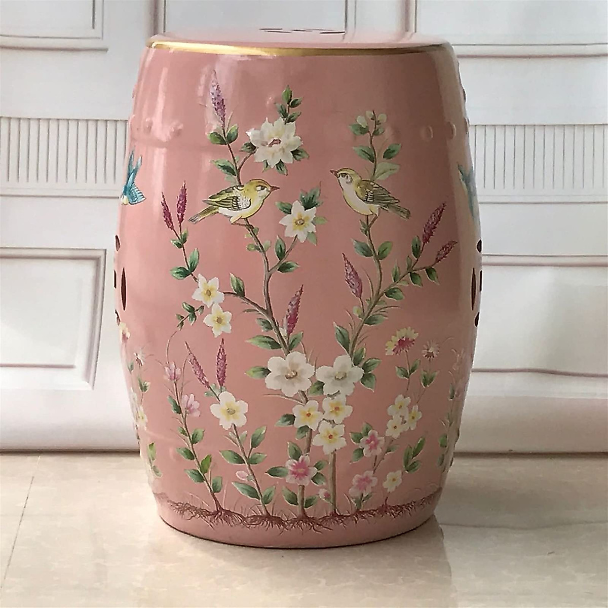 JCAKES Rustic Ceramic Chinese Stool, Pink, Ceramic Painted Craft, Handmade, Suitable for Garden, Bedroom, Terrace, Backyard Decoration.