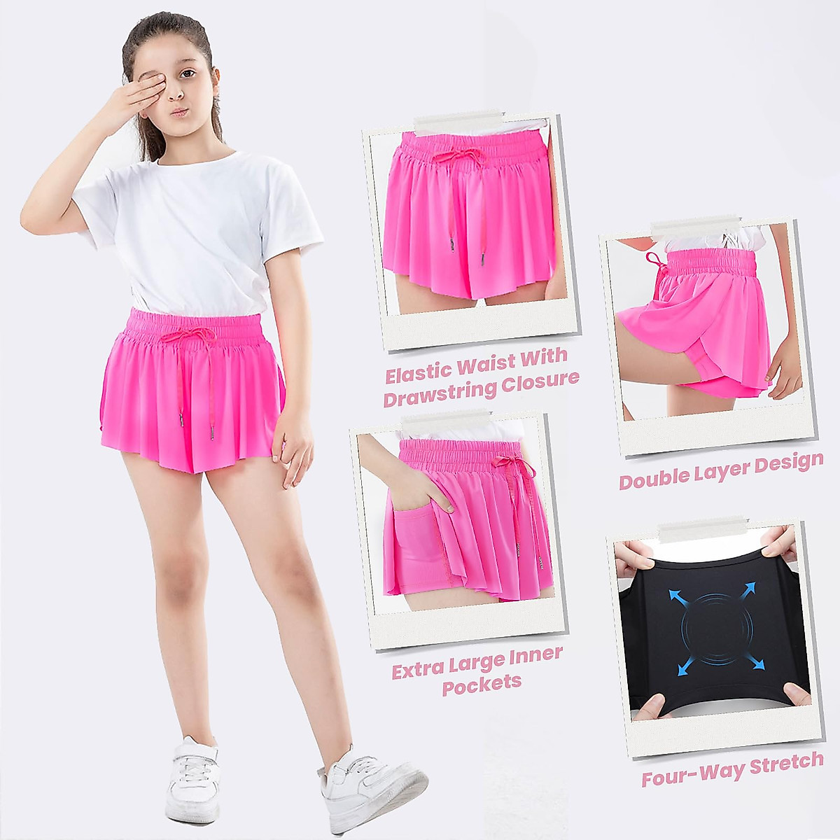 Caprilite 3 Pack Girls Flowy Shorts with Pockets, 2-in-1 Youth Flowy Butterfly Skirts Running Shorts for Sports,Fitness,Tennis