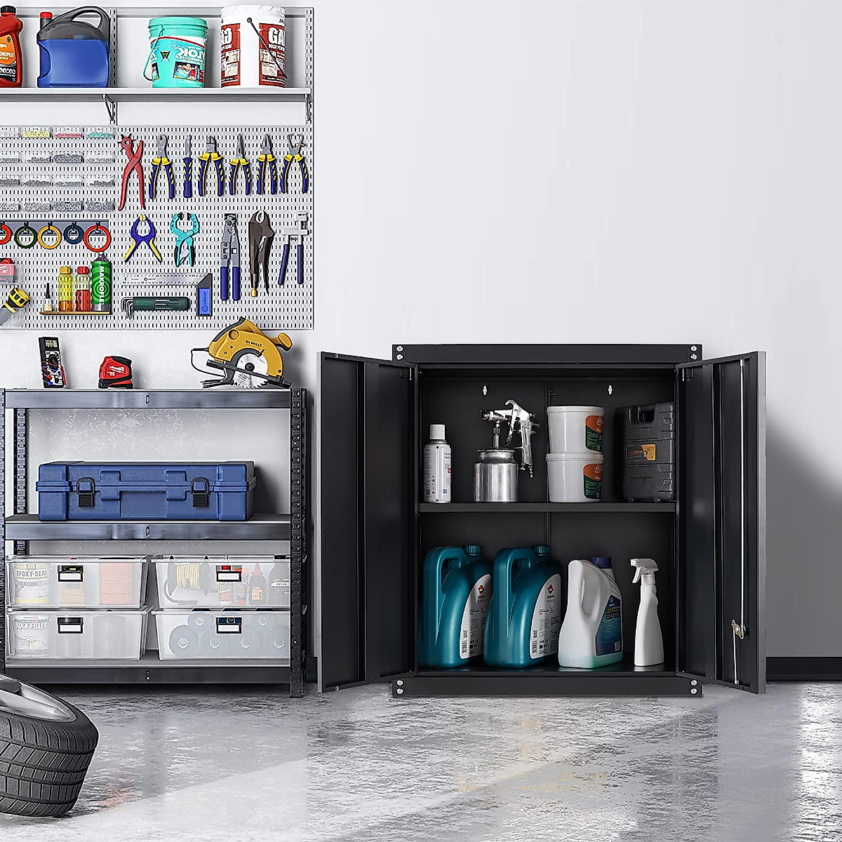 GEDELITE Metal Storage Cabinet with Lock and Doors,Steel Garage Wall Storage Cabinet,Garage Upper Cabinet,Wall Mounted Metal Cabinet for Garage, Black