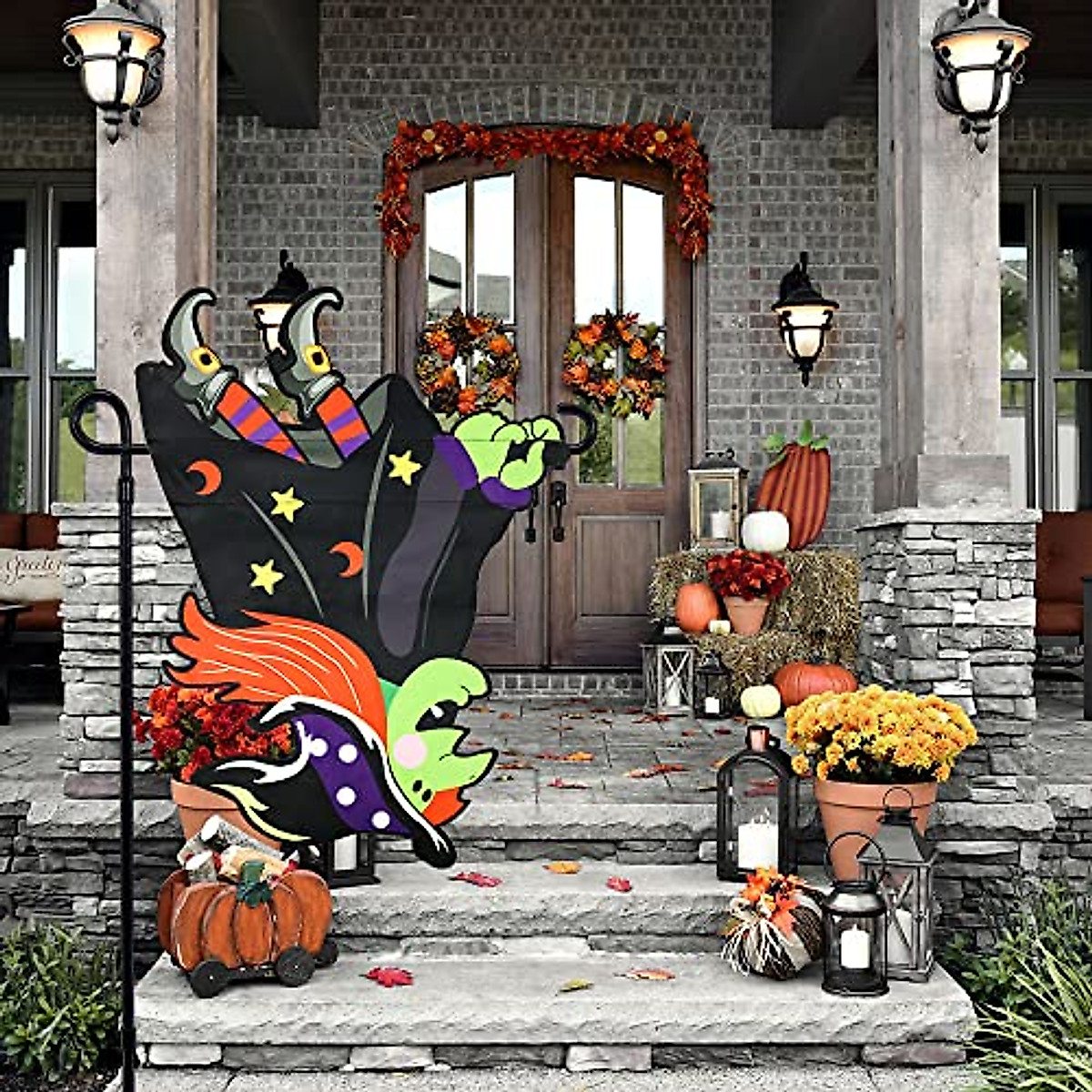 3D Witch Riding Broom Halloween Garden Flag, YEAHOME Vertical Double Sided 12.5x18 Inch Applique Yard Flag, Halloween Decorations Outdoor, Rustic Farmhouse Decor for Seasonal Holiday