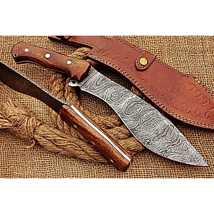 HUNTEX Handmade Hand-Forged Twist Pattern Damascus Steel 15 Inch Long Full Tang Natural Walnut Wood Handle Razor Sharp Hunting Camping Kukri Knife w/Genuine Leather Sheath