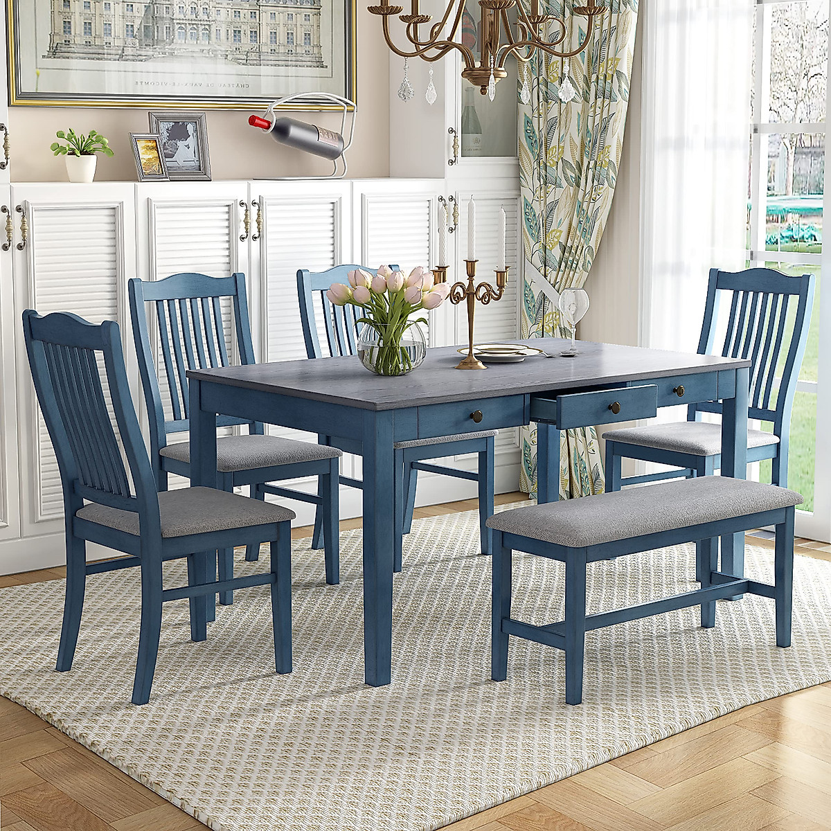 Merax Mid-Century 6-Piece Wood Dining Table Set with Drawer, 4 Upholstered Chairs and Bench, Antique Blue