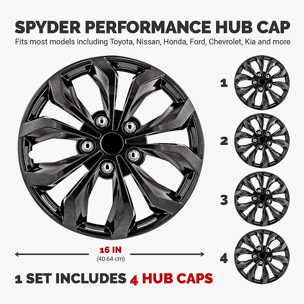 Pilot Automotive WH555-16GM-B 16 Inch Spyder Gunmetal Grey Universal Hubcap Wheel Covers For Cars - Set Of 4 - Fits Most Cars