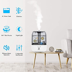 KNGUVTH Cool Mist Humidifier, Quiet Humidifiers for Home Bedroom Babies, 4.5L Top Fill Mist Large Humidifier Ultrasonic Air Humidifier, Works Up to 30 Hours, Adjustable Mist Levels, Auto Shut-Off