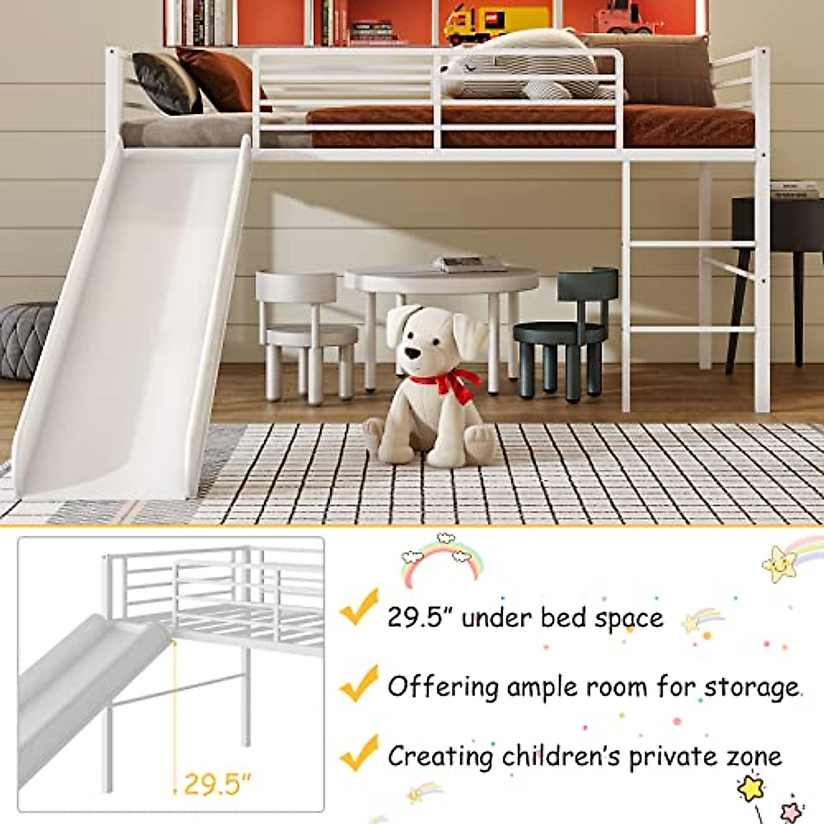 Giantex Twin Loft Bed with Slide, Metal Low Bunk Bed w/Safety Guardrails & Built-in Ladder, Toddler Bed Floor Frame for Boys & Girls, No Box Spring Needed (White)