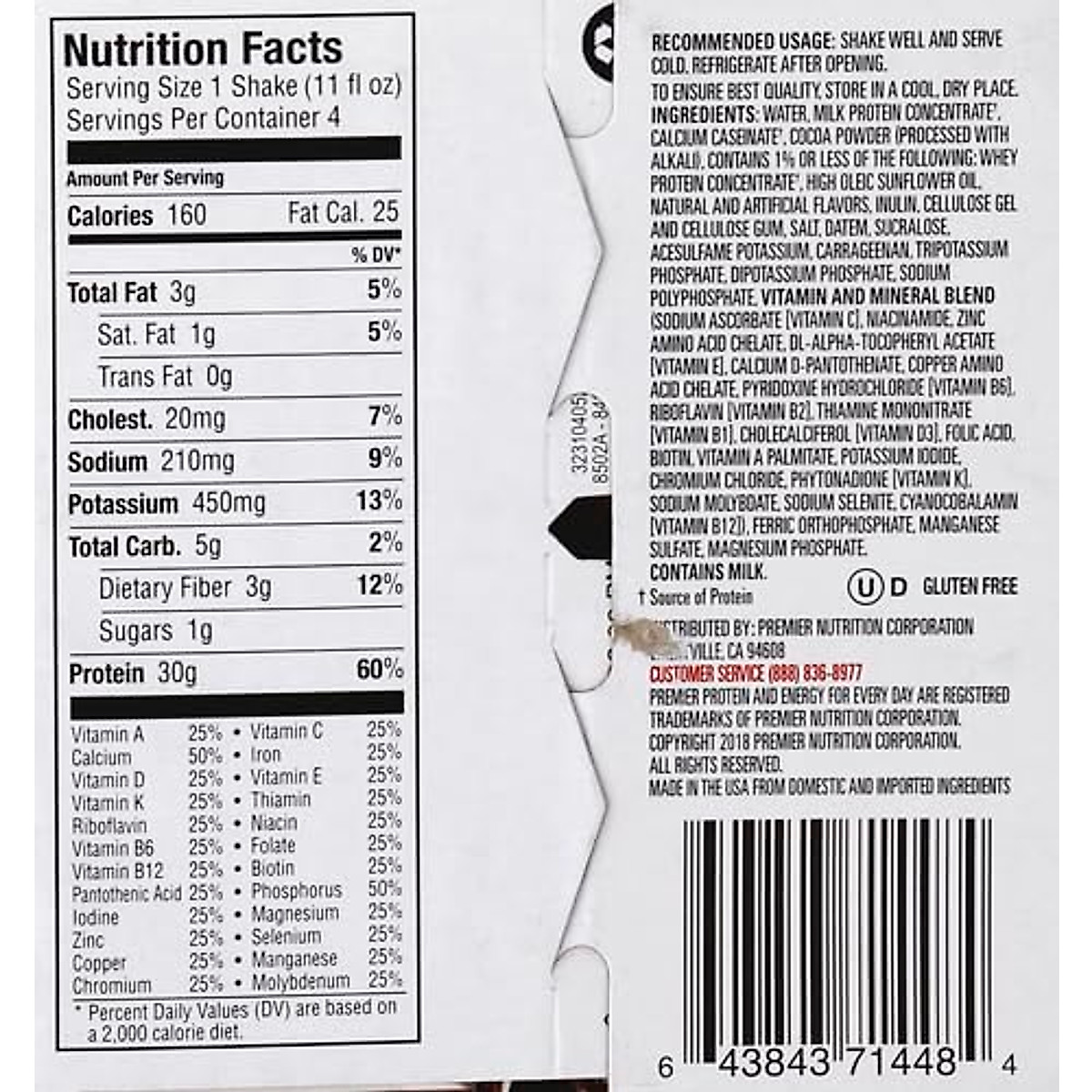 Premier Protein Shake, Chocolate, 30g Protein, 1g Sugar, 24 Vitamins & Minerals, Nutrients to Support Immune Health, 4 Count, 44 Fl Oz