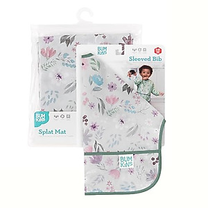 Bumkins Bibs for Girl or Boy, Long Sleeved Bib for Baby and Toddler 6-24 Months, Essential Must Have for Eating, Feeding Set, Splat Mat for Floors Under High Chair, Mess Saving Fabric, Floral Gray