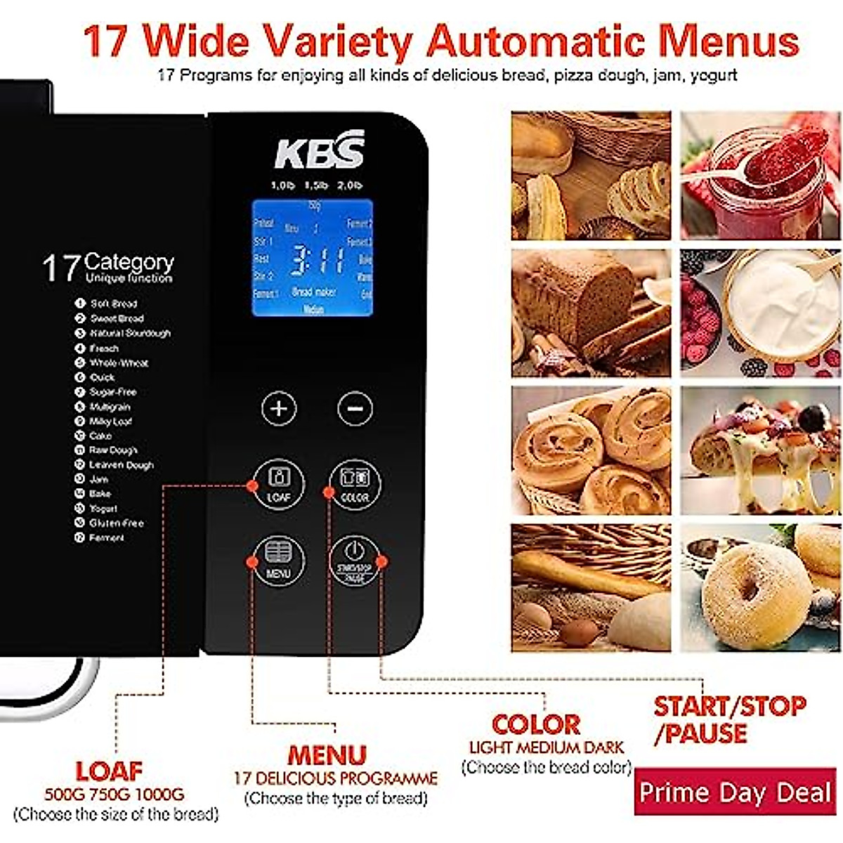 KBS Bread Maker-710W Dual Heaters, 17-in-1 Bread Machine Stainless Steel with Auto Nut Dispenser&Ceramic Pan, Gluten-Free, Dough Maker,Jam,Yogurt PROG, Touch Panel, 3 Loaf Sizes 3 Crust Colors,Recipes