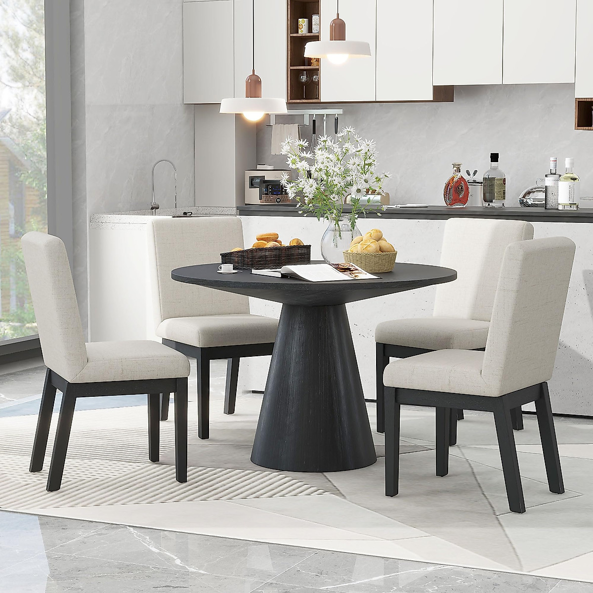 Merax 5-Piece Round Dining Table Set with 4 Upholstered Chairs, Retro Style Kitchen Dining Table for Dining Room, Kitchen Furniture Set for Family (Black)