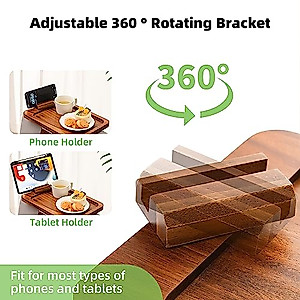 GEHE Acacia Wood Couch Arm Table, Folding Sofa Arm Table with 360 Rotating Phone Bracket, Wooden Couch Arm Tray for Small Spaces, Sofa table for Eating and Drinking, Back Non-slip Pad