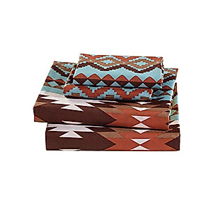 Rugs 4 Less Rustic Southwestern Western Bedsheets Set with Navajo Tribal Native American Patterns in Turquoise Blue and Brown – Utah Bed Sheet Set (King, Turquoise)