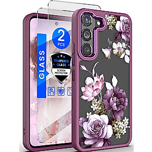 Dretal for Samsung Galaxy S22 5G Case Floral, Military Grade Drop Tested Hard Back & Soft Edge Slim Flower Women Girls Phone Protective Cover + Tempered Glass Screen Protector for Galaxy S22 (Purple)