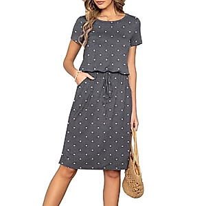 Women Summer Sleeve Pocket Modest Work Casual Midi Knee Dress Polka Dot Gray L