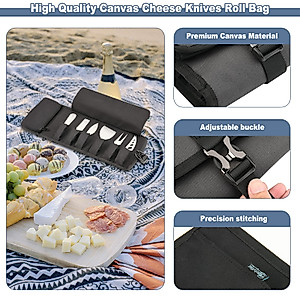 Beautyflier Cheese Knives Roll Bag, Mini Cheese Knife Set Roll Case - 6 Knife Slots and a Zipper Pocket, Canvas Chef Knife Roll Bag for Travel Party and Holiday Cheese Serving, Gray (Bag Only)