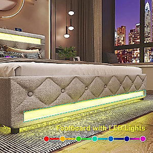 HOMFAMILIA Full Bed Frame with Headboard and Drawers, LED Bed Frame with Adjustable Storage & LED Lights Headboard, Upholstered Platform Bed with 2 USB Ports, No Box Spring Needed, Light Grey