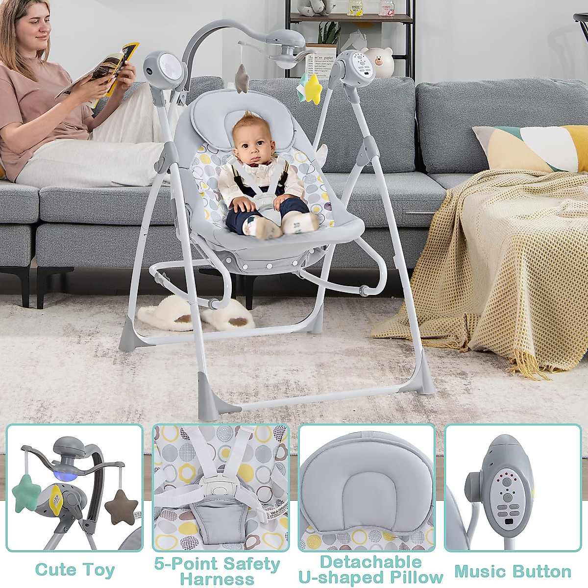 INFANS 2 in 1 Baby Swing and Bouncer for Infants, Portable Newborn Rocker with 5 Speed Sway Music Timing 3 Toys Remote Control, Easy Fold, Compact Electric Baby Swing for 0-6 Months Boy Girl