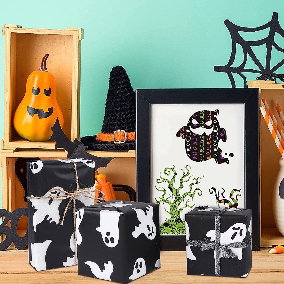 Kavoc 60 Sheets 20 x 20 Inch Large Size Halloween Tissue Paper White Ghost Art Tissue Paper Carnival Horror Pattern Tissue Paper Set Halloween Decorative Paper for Gift Wrapping Mardi Gras Birthday Wedding Party Gift Bag DIY Pompom Confetti Crafts