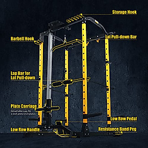 ToughFit Power Cage 1000lbs Squat Rack with Weights and Bar Set Multi-Function Power Rack Weight Cage with Lat Pull-Down/Adjustable Cable Crossover for Strength Training Garage & Home Gym Equipment