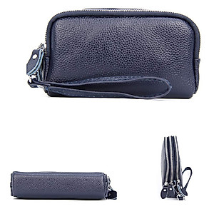 NIGEDU Women Long Wallet Genuine Leather 3-Layer Zipper Purse Bag Phone Bag Money Purses Clutch Wallets with Wrist Strap (Black)