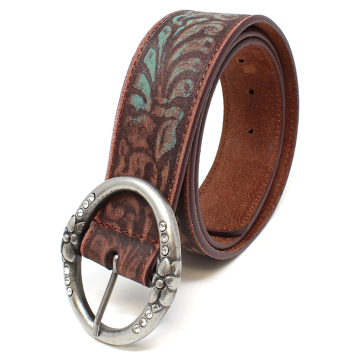 Distress Embossed Brown and Teal Leather Belt with Rhinestone Ring Buckle (M)