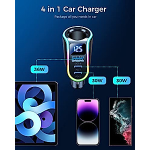 Cigarette Lighter Splitter, 150W 4 in 1 Cigarette Lighter USB Charger 12V Car Charger Adapter, PD3.0 & QC3.0 30W Super Fast USB C Car Charger Compatible with iPhone14 Pro Max/Pro/Samsung/GPS/Dash Cam
