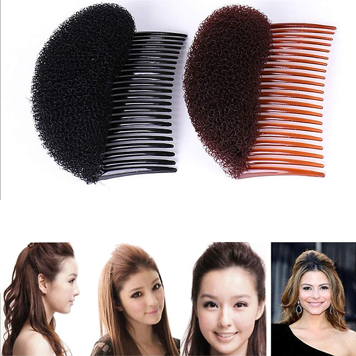 2PCS Hair Clip with Sponge Base Inserts, Bump It Up Pads, Bun Maker, Styling Accessories, Charming Comb Braid Tool (Brown)