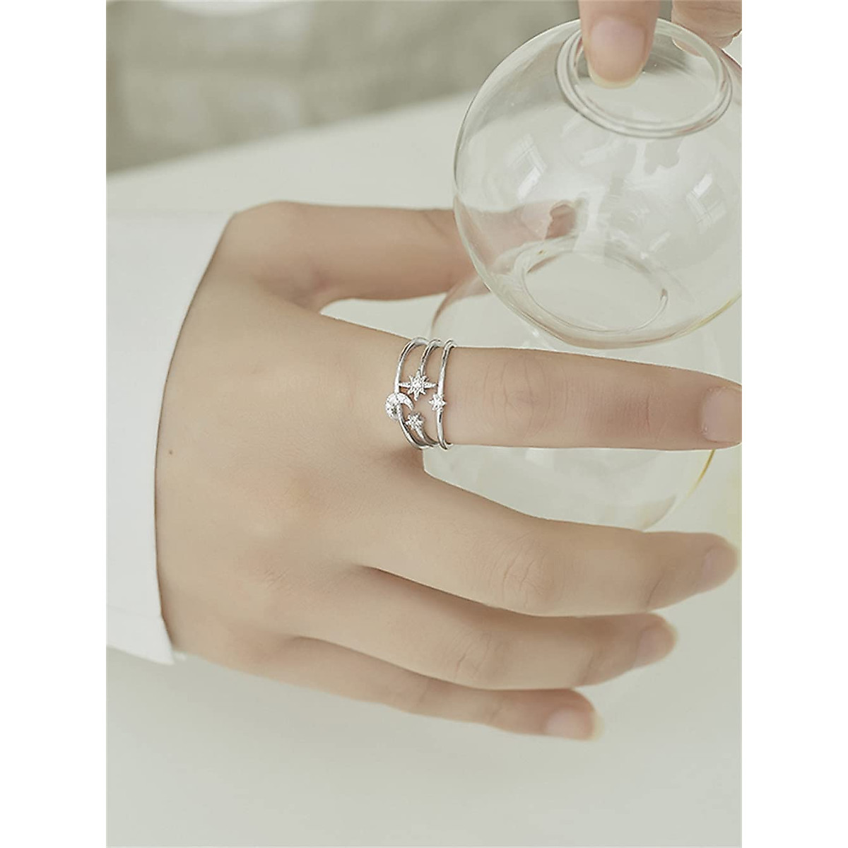 CZ Crescent Moon Star Multi Layered Small Open Rings for Women Girls Shiny Cubic Zirconia Stacking Statement Promise Finger Knuckle Pinky Rings for Wife Girlfriend Anniversary Bff Birthday Xmas