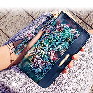 Coco Rossi Women Wallets Multi Card Case Wallet Clutch Wallet Card Holder Organizer Ladies Purse Floral Tassel Wrist strap Purse,Mandala Nebula